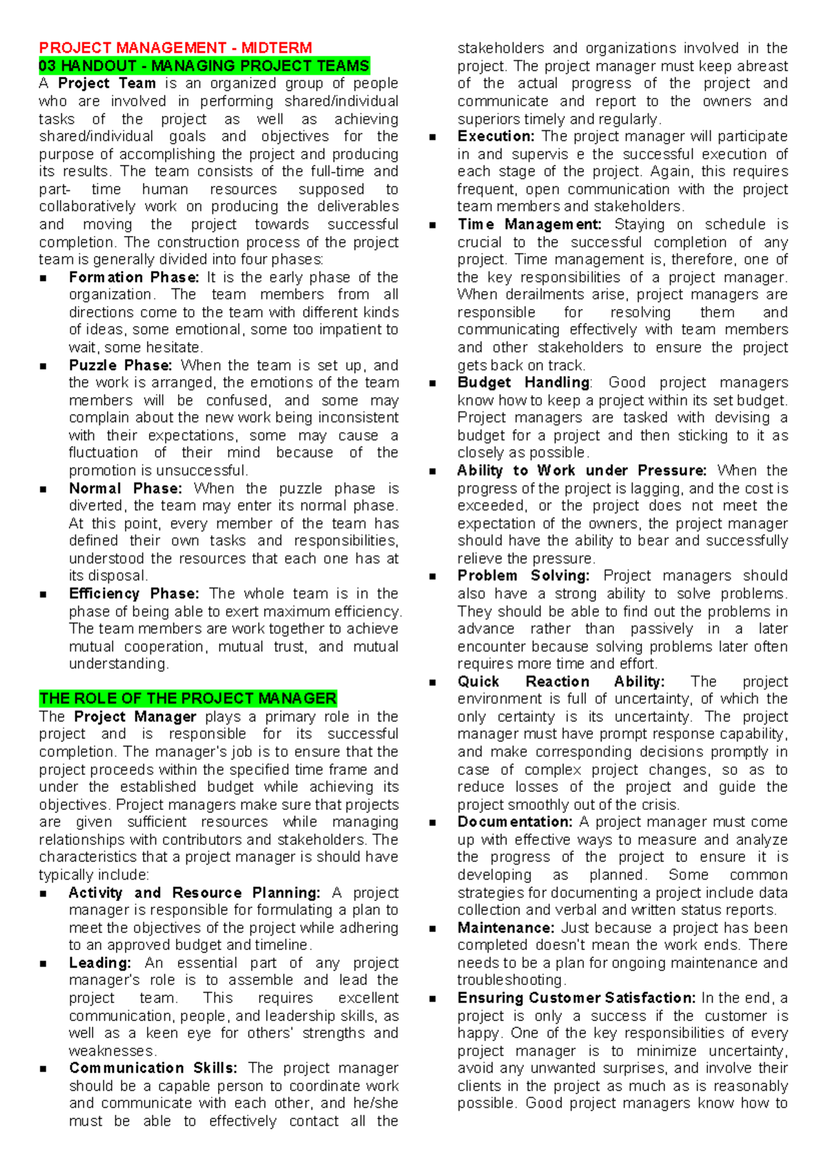 Project Management - Midterm - PROJECT MANAGEMENT - MIDTERM 03 HANDOUT - MANAGING PROJECT TEAMS ...