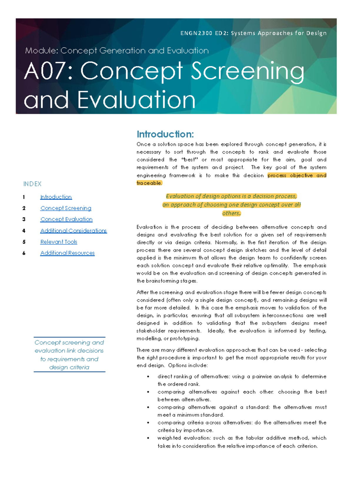 A07 Concept Screening and Evaluation - Introduction: Once a solution ...