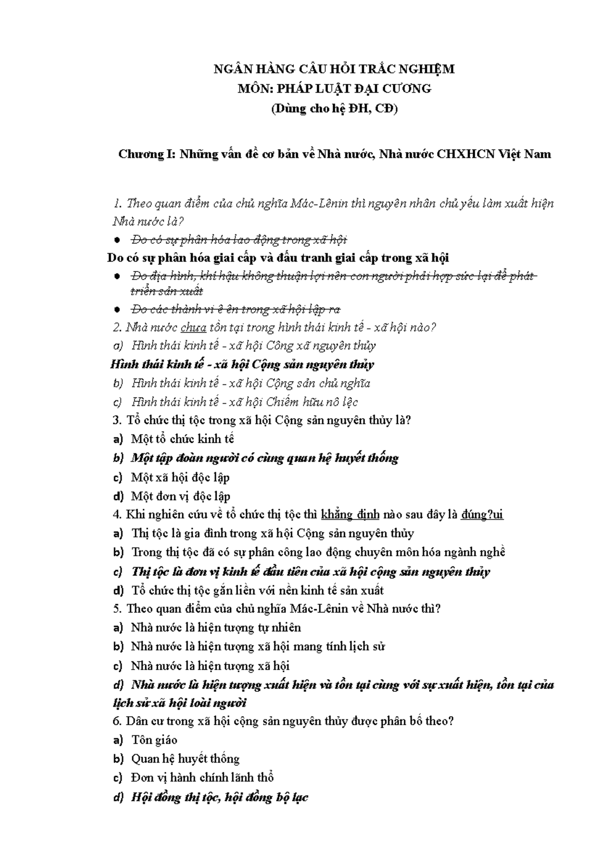 Bản sao của Ngan-hang-cau-hoi-PLDC - NGÂN HÀNG CÂU HỎI TRẮC NGHIỆM MÔN: PHÁP LUẬT ĐẠI CƯƠNG ...