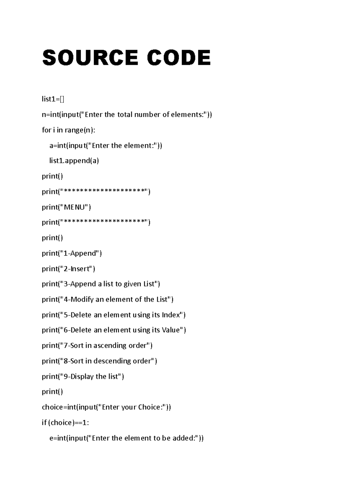 Menu Driven Program On List Manipulation Source Code List1 Nint