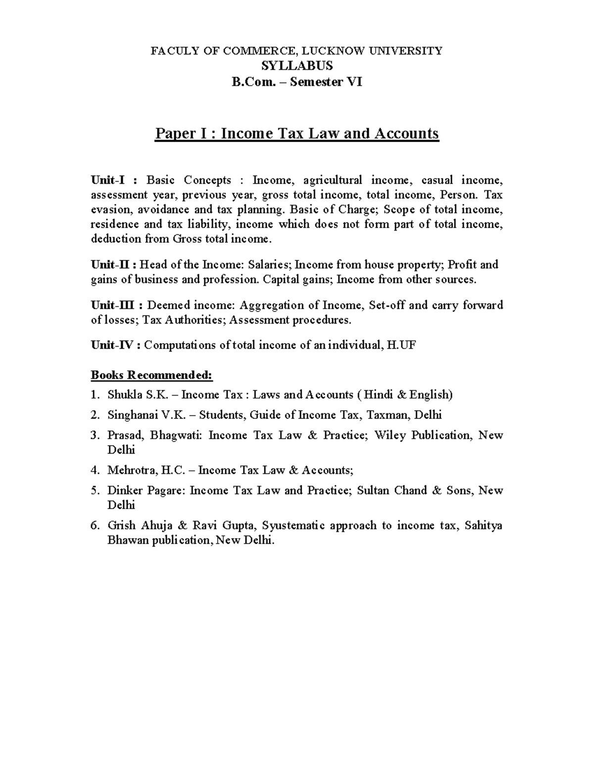 Bcom Vi Semester Faculy Of Commerce Lucknow University Syllabus B Semester Vi Paper I