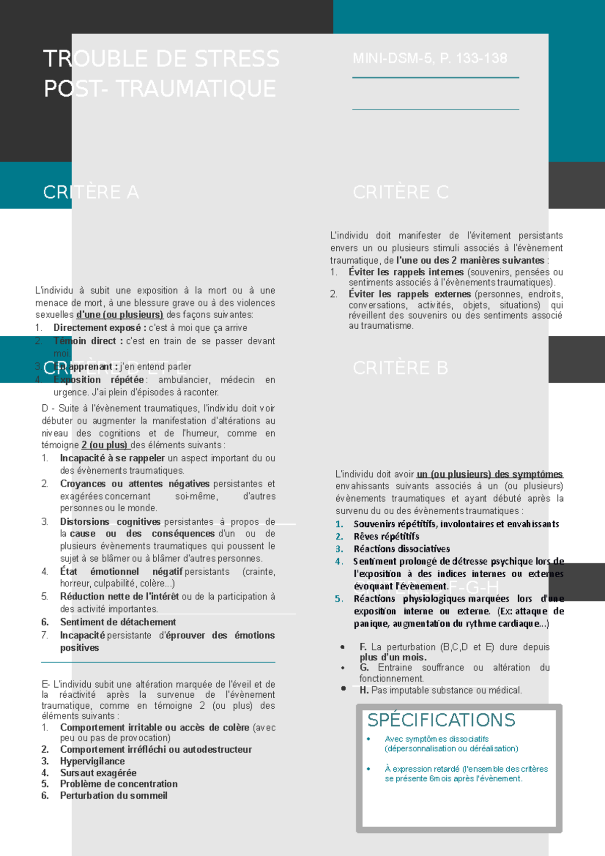 TSPT - DSM-5 - TROUBLE DE STRESS POST- TRAUMATIQUE MINI-DSM-5, P. 133 ...