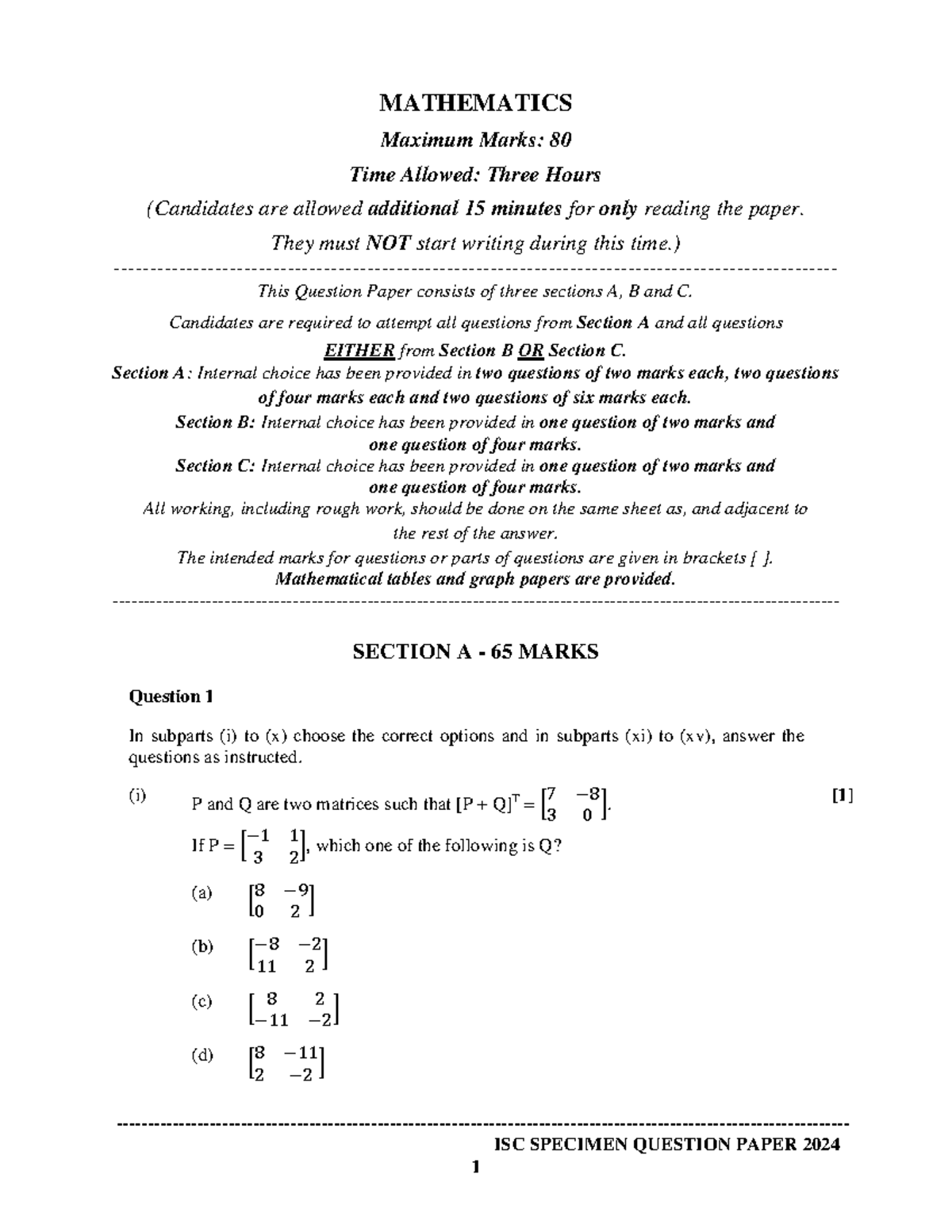 860- Mathematics - Maths - ISC SPECIMEN QUESTION PAPER 2024 MATHEMATICS ...