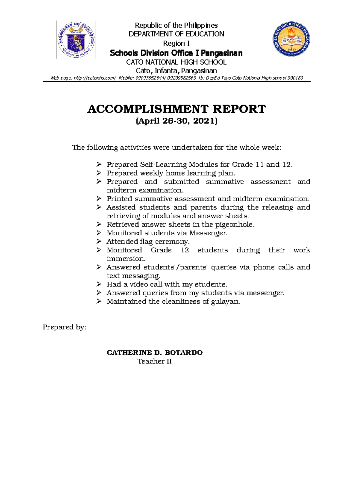 April 26-30 Individual Daily Log Accomplishment Report - Republic of ...