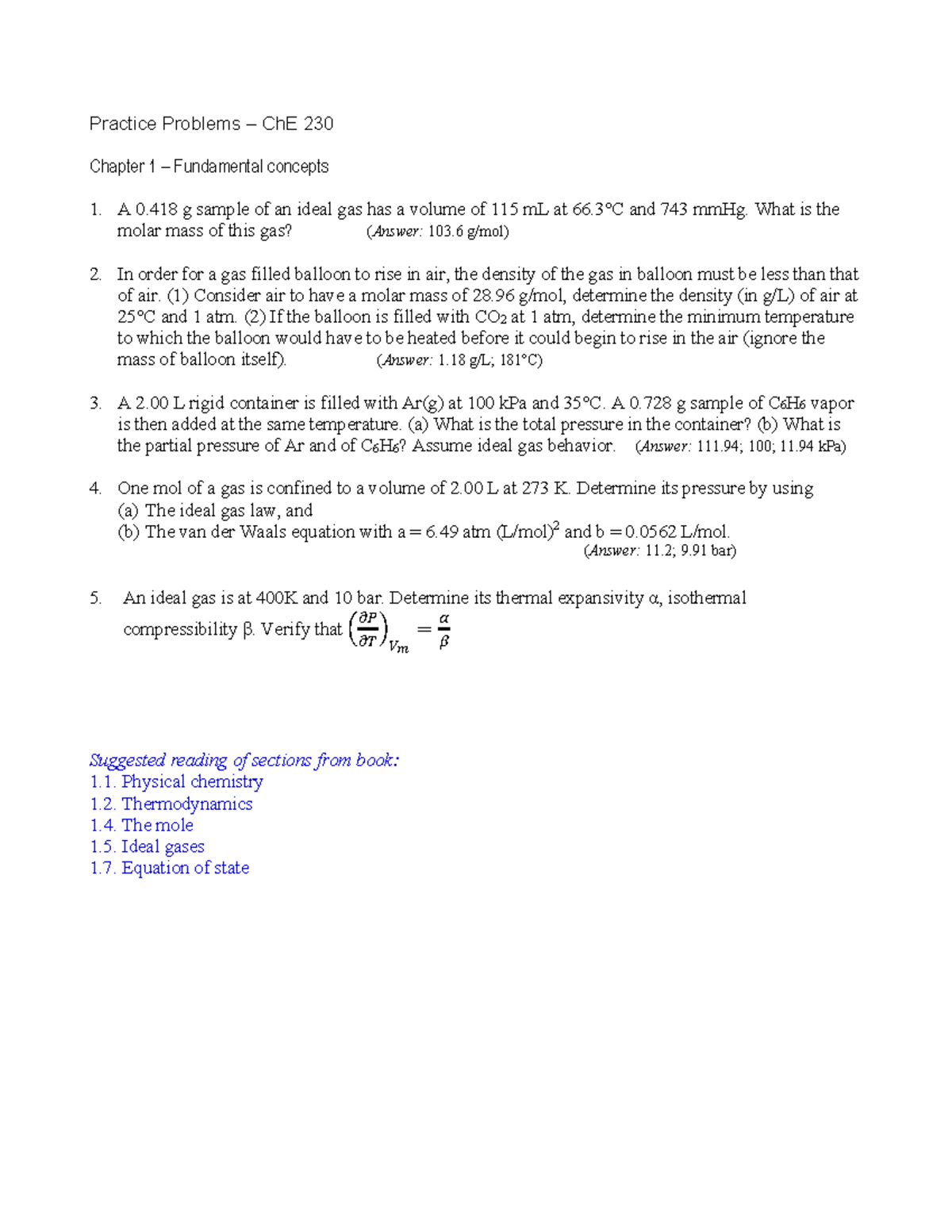 Ch E 230 - Example 1 - Practice Problems – ChE 230 Chapter 1 – Fundamental concepts A 0 g sample ...