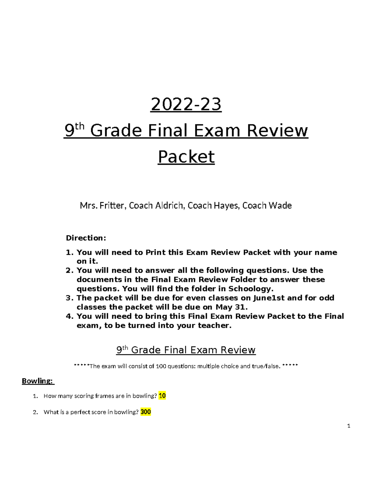 2022-23 9th Grade Final Exam - 2022- 9 th Grade Final Exam Review ...