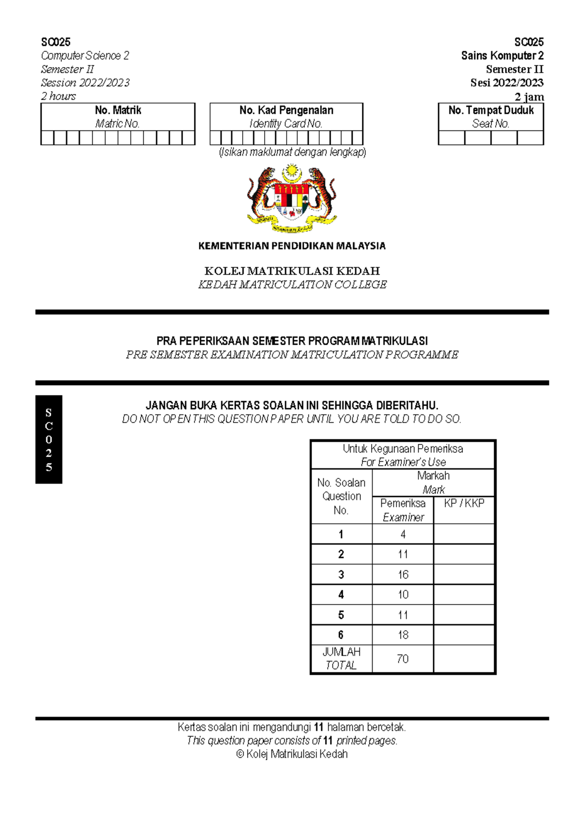 Ques pre-pspm KMK - S C 0 2 5 SC025 SC Computer Science 2 Sains ...
