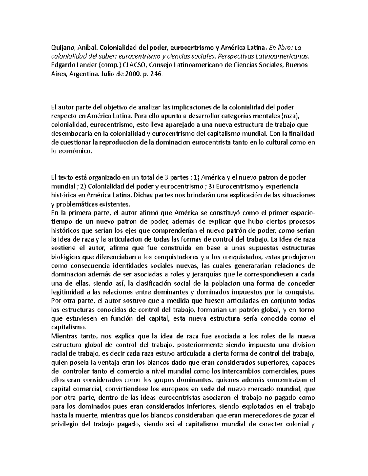 Reseña Sociologia - Quijano, Aníbal. Colonialidad del poder ...