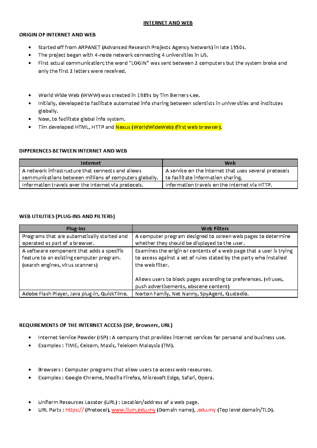 ICT Notes - INTERNET AND WEB ORIGIN OF INTERNET AND WEB Started off ...