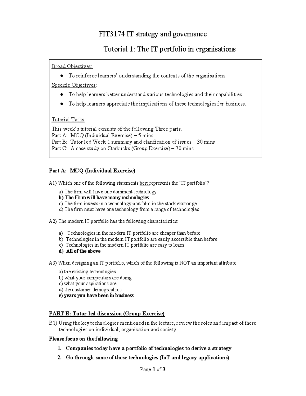 Tutorial 1 Guide - Page 1 of 3 FIT3174 IT strategy and governance ...