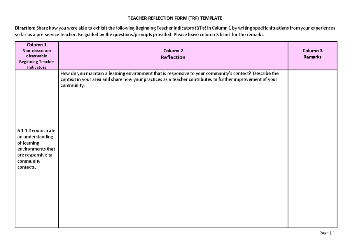Teachers reflection form - Page | 1 TEACHER REFLECTION FORM (TRF ...
