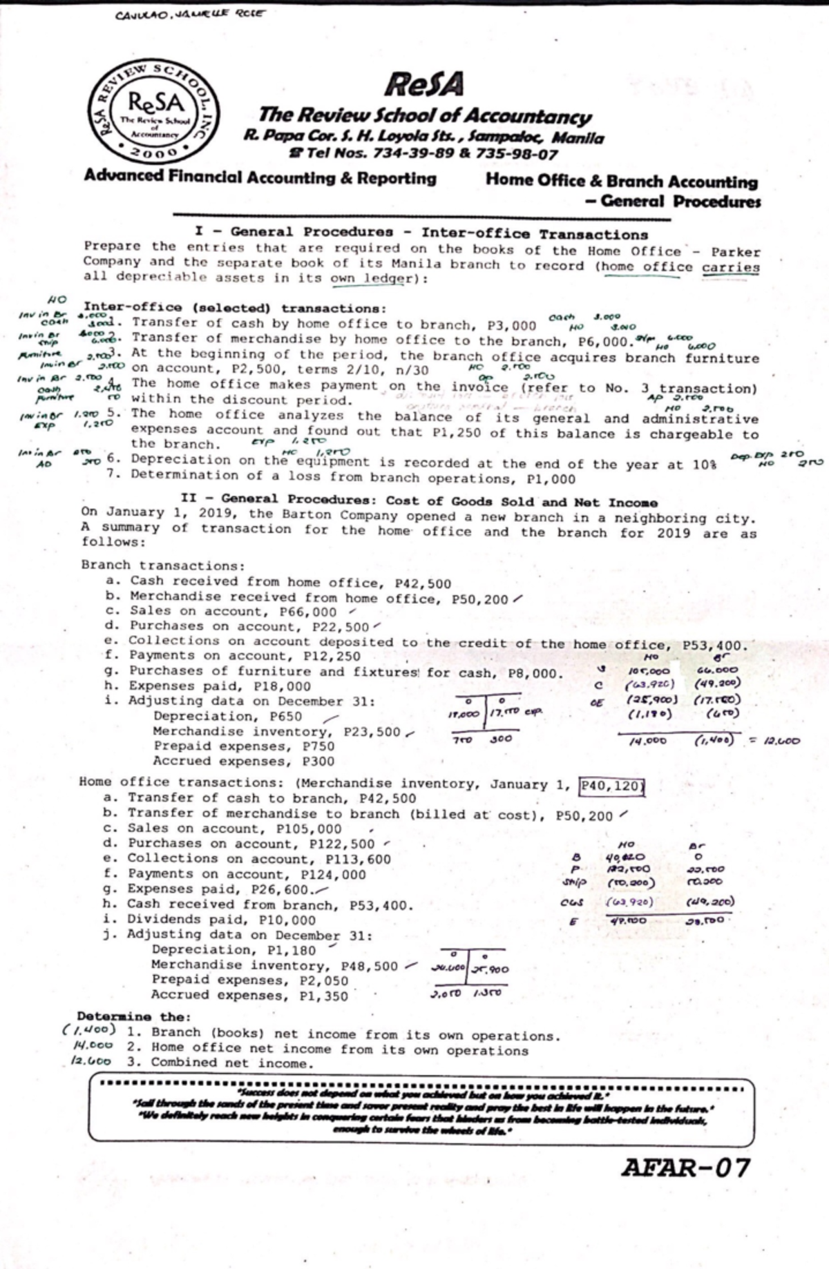 Pdfcoffee.com afar-hoba-resa-1-pdf-free - BS accountancy - Studocu