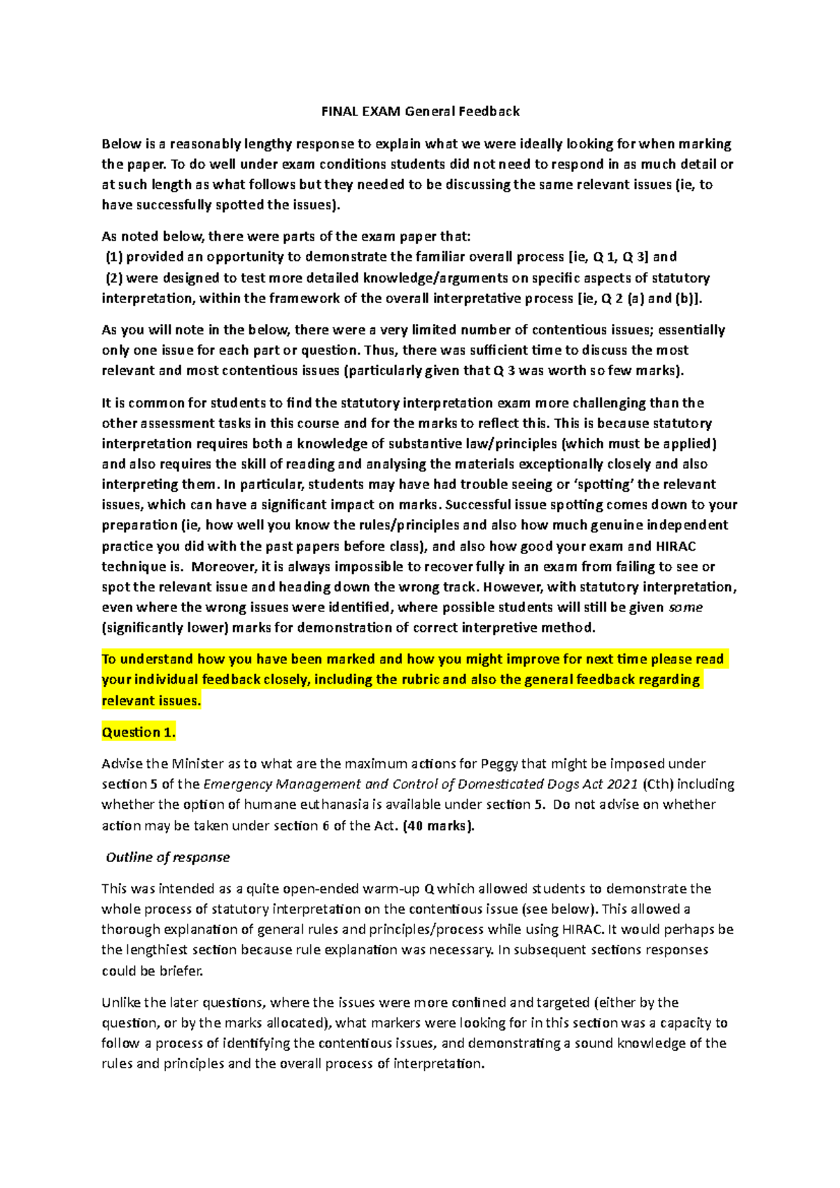 Final exam general feedback - FINAL EXAM General Feedback Below is a ...