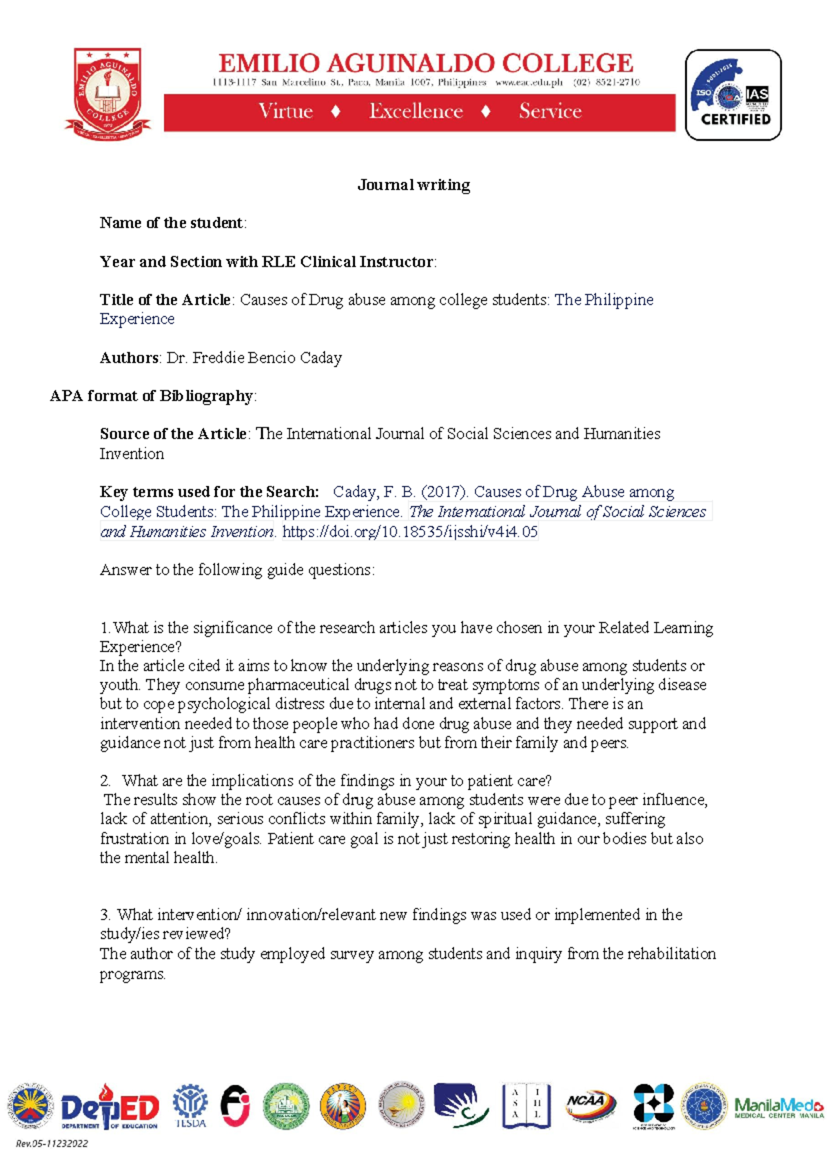 journal writing - Journal writing Name of the student: Year and Section ...