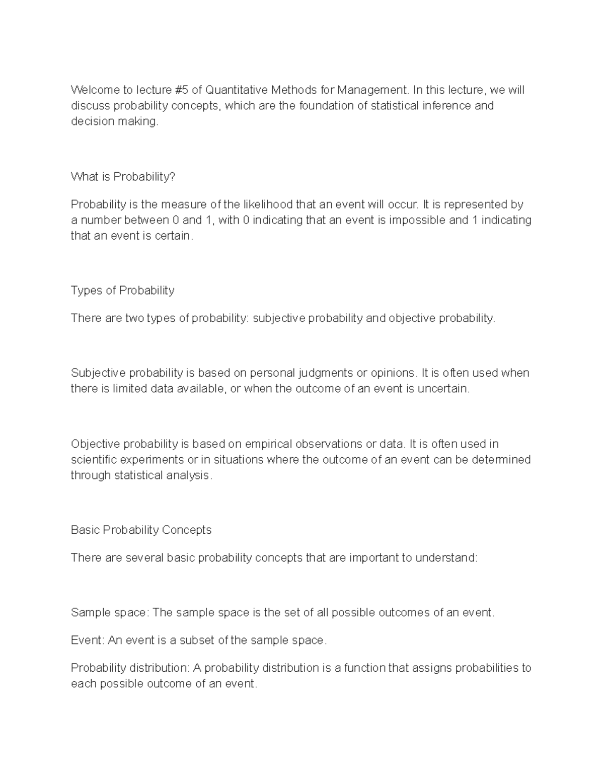 Lecture #5 Probability Concepts - Welcome to lecture #5 of Quantitative Methods for Management ...