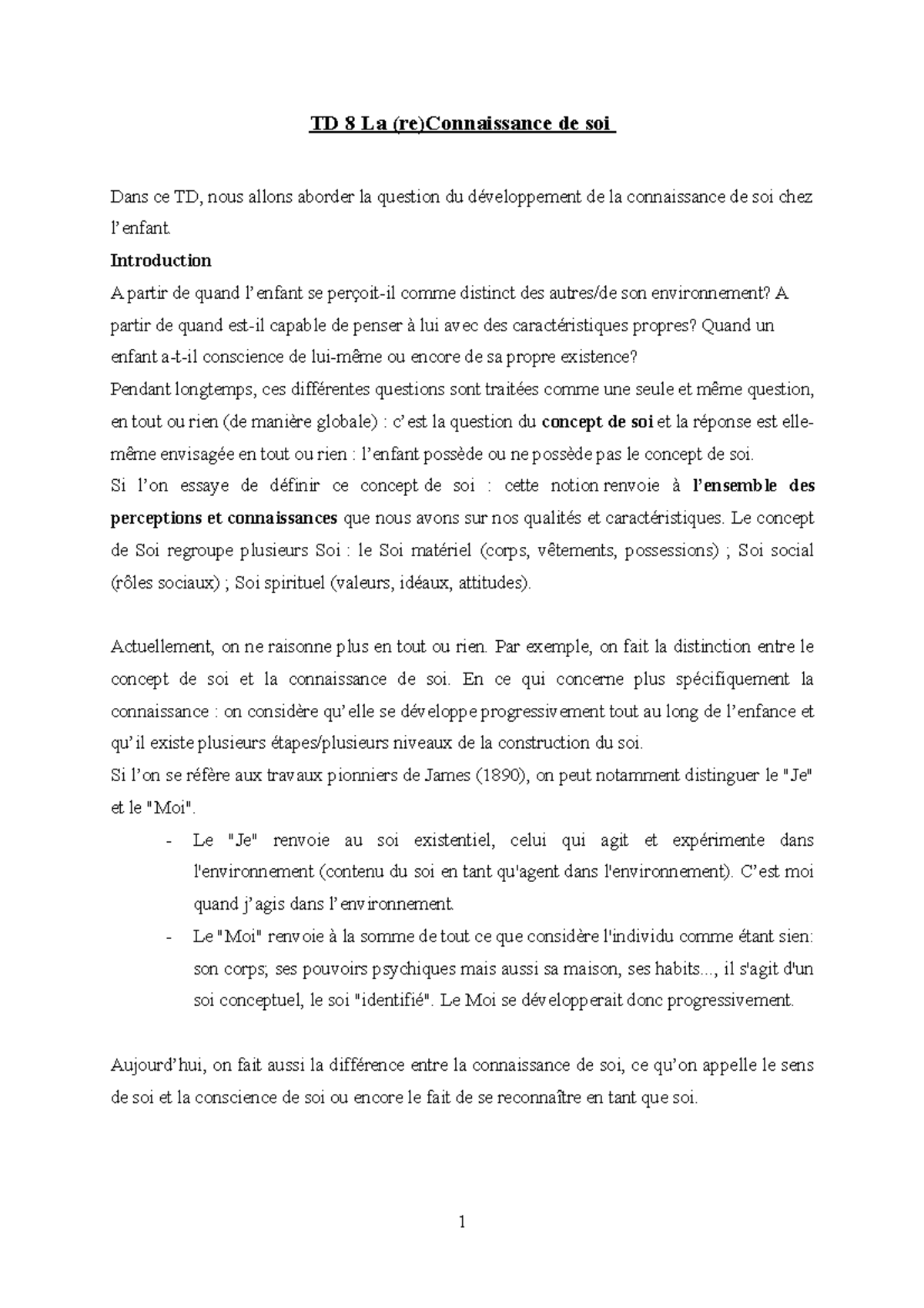 TD 8 Reconnaissance de soi - TD 8 La (re)Connaissance de soi Dans ce TD, nous allons aborder la ...