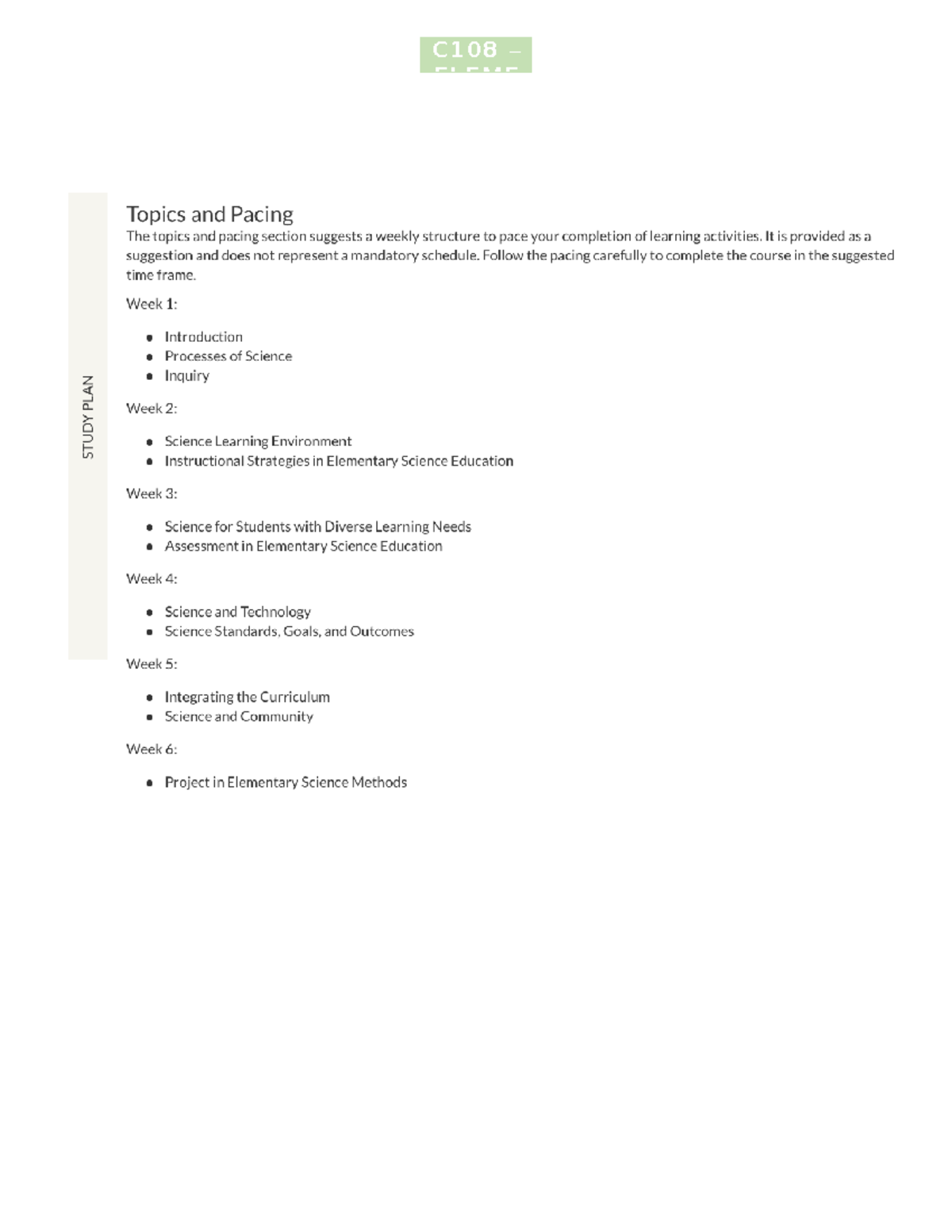 Pacing Guide for science methods - WGU C108 - C108 – ELEME - Studocu