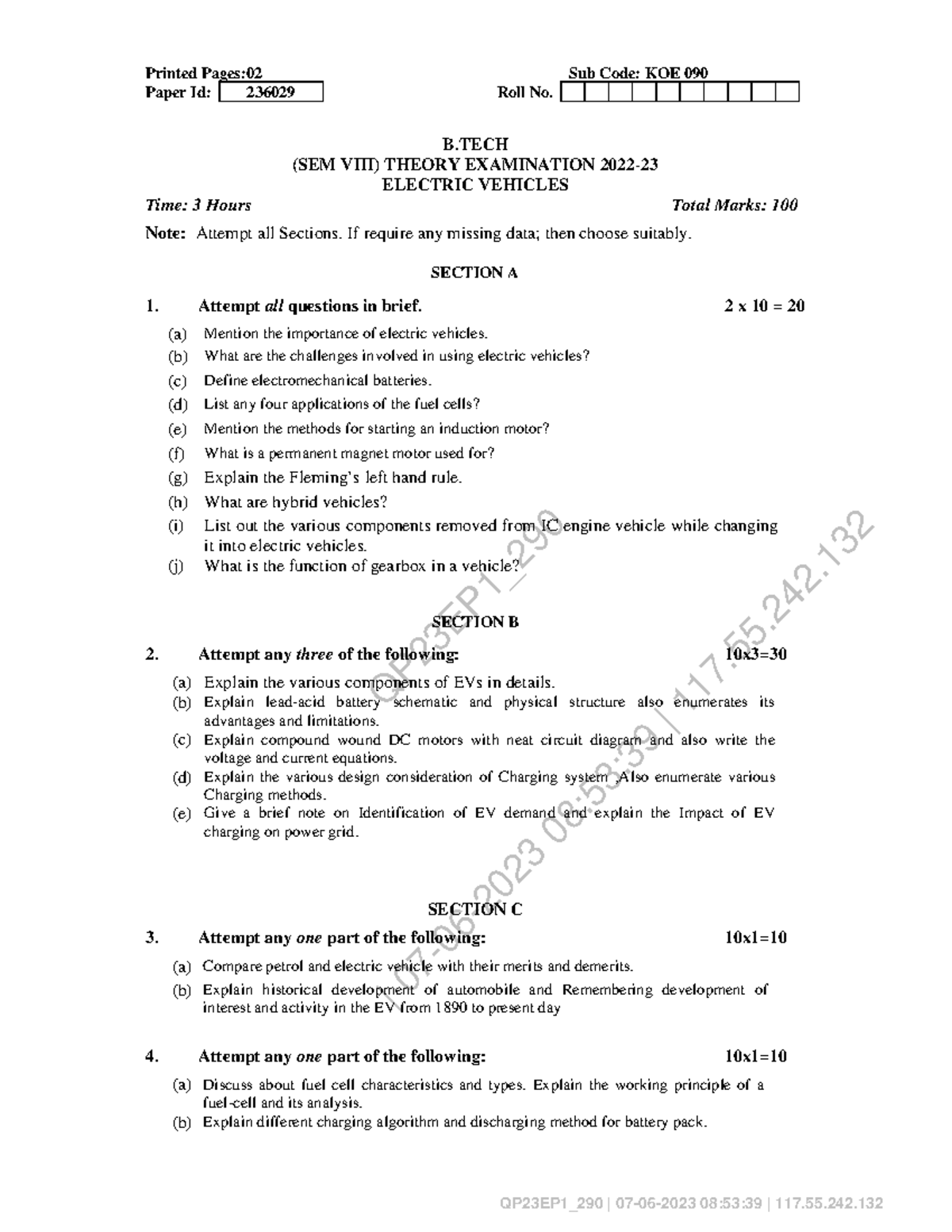 Btech oe 8 sem electric vehicles koe 090 2023 - QP23EP1_ | 07-06-2023 ...