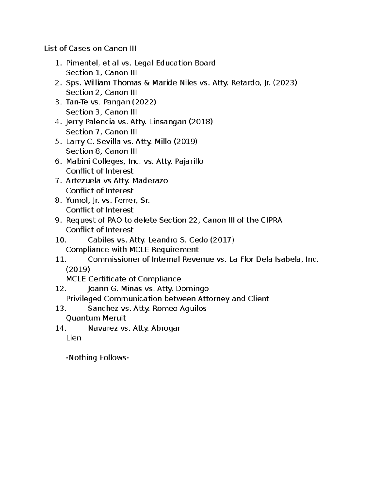List of Digest Cases - List of Cases on Canon III 1. Pimentel, et al vs ...
