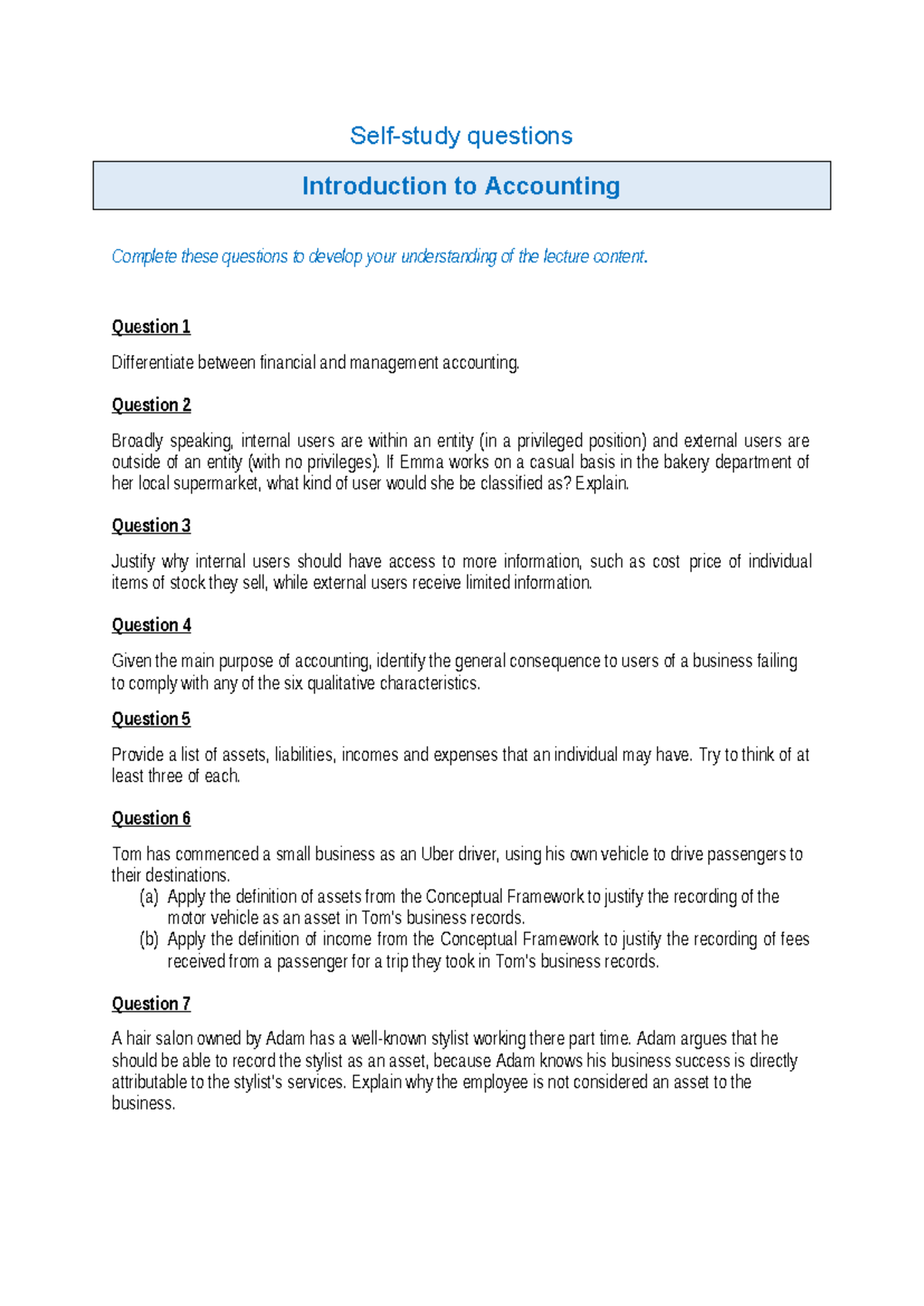 Topic 1 Self-study questions - Self-study questions Introduction to ...