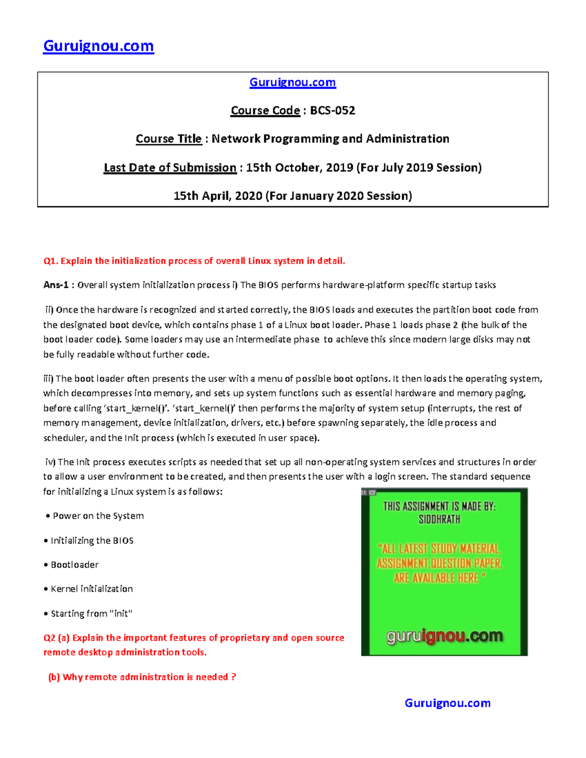 Bcs52 - Useful - Guruignou Course Code : BCS- Course Title : Network ...