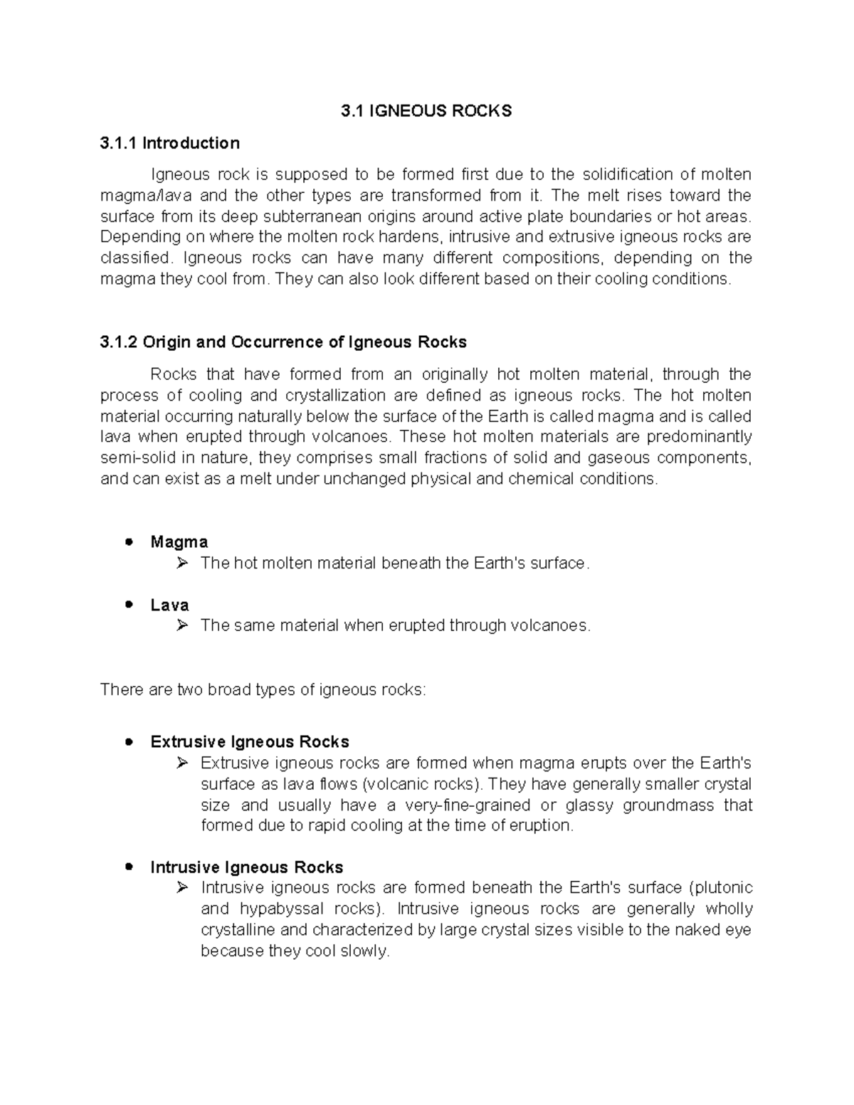 Petrology PART 1 ( Igneous Rocks) - 3 IGNEOUS ROCKS 3.1 Introduction Igneous rock is supposed to ...