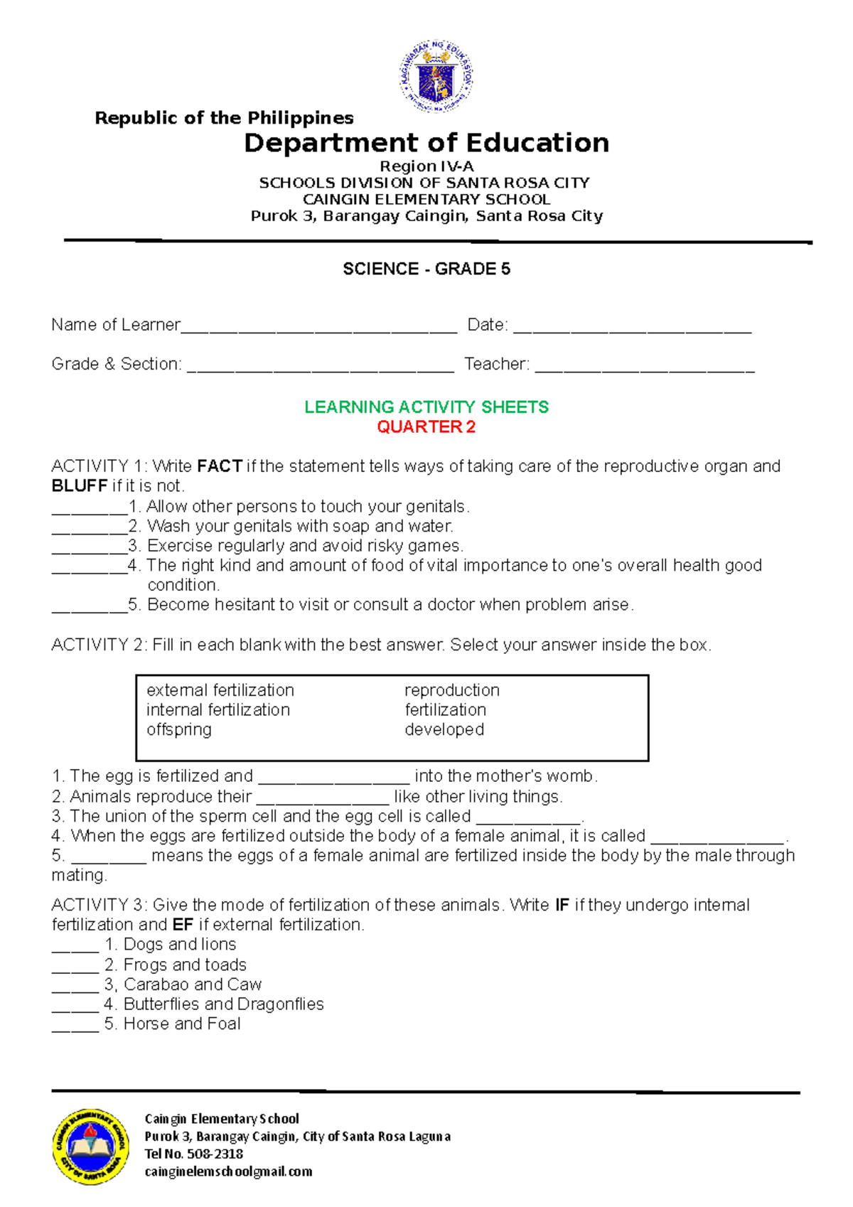 2nd qrtr Activity Sheet- Science 5 based on LMS - Republic of the ...