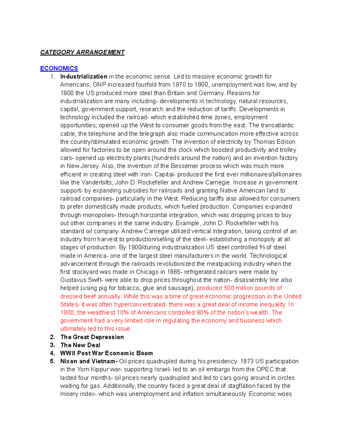 History 104 final study guide - CATEGORY ARRANGEMENT ECONOMICS ...