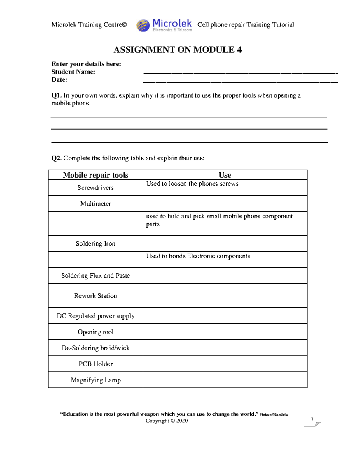 Assignment on Module 4 - Microlek Training Centre© Cell phone repair ...