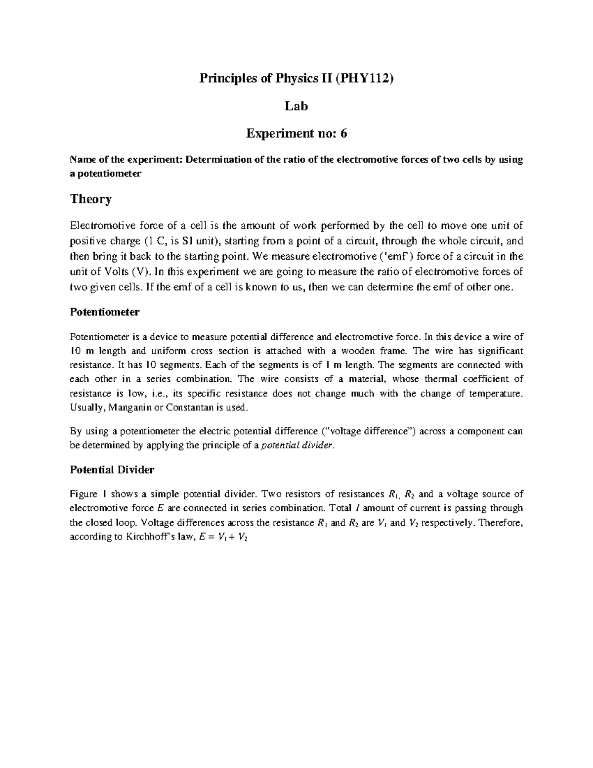 Inbound 4734074448568984887 - Principles of Physics II (PHY112) Lab Experiment no: 6 Name of the ...