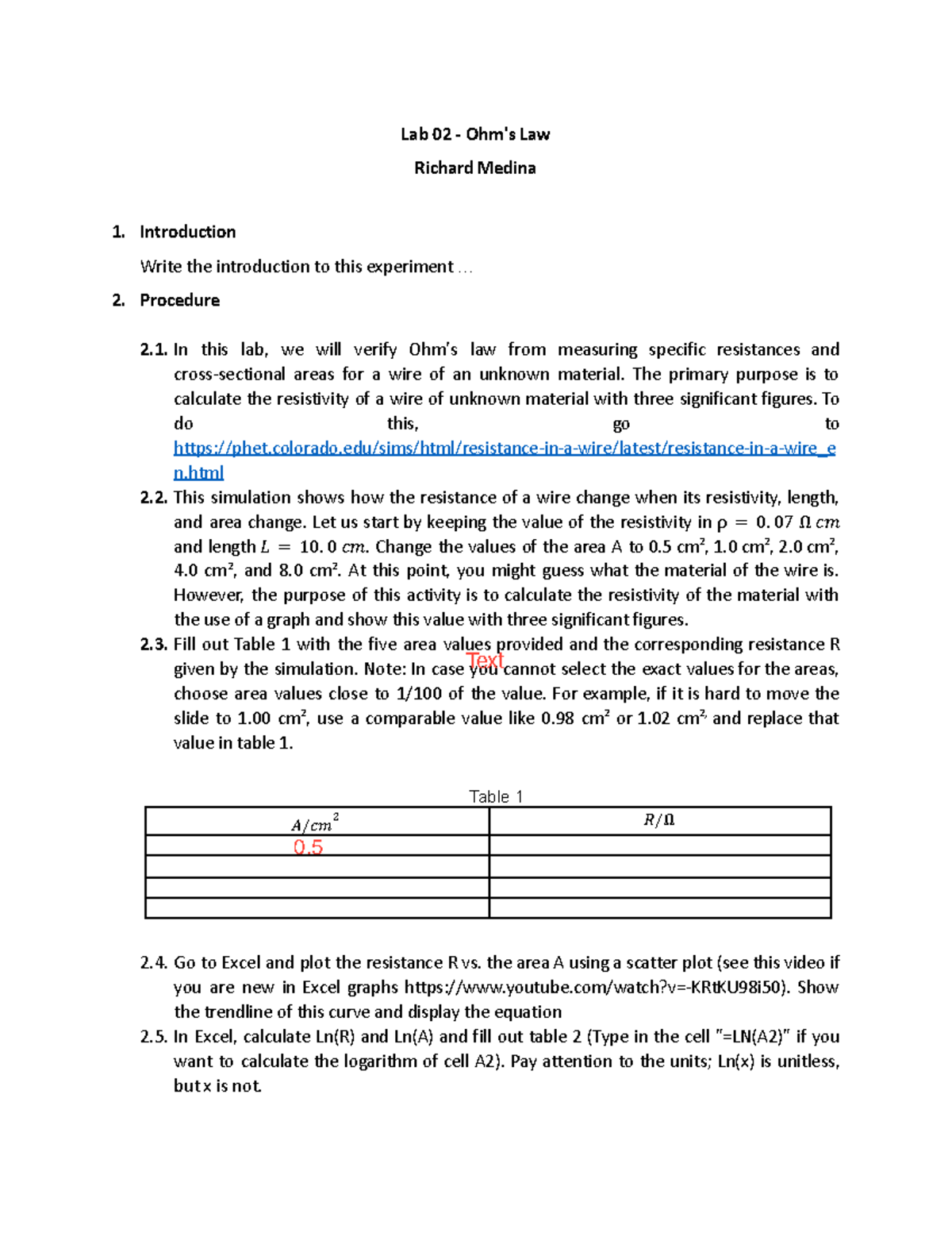 Lab 02 - Ohms Law - online lab 2 ohms law - Lab 02 - Ohm's Law Richard ...