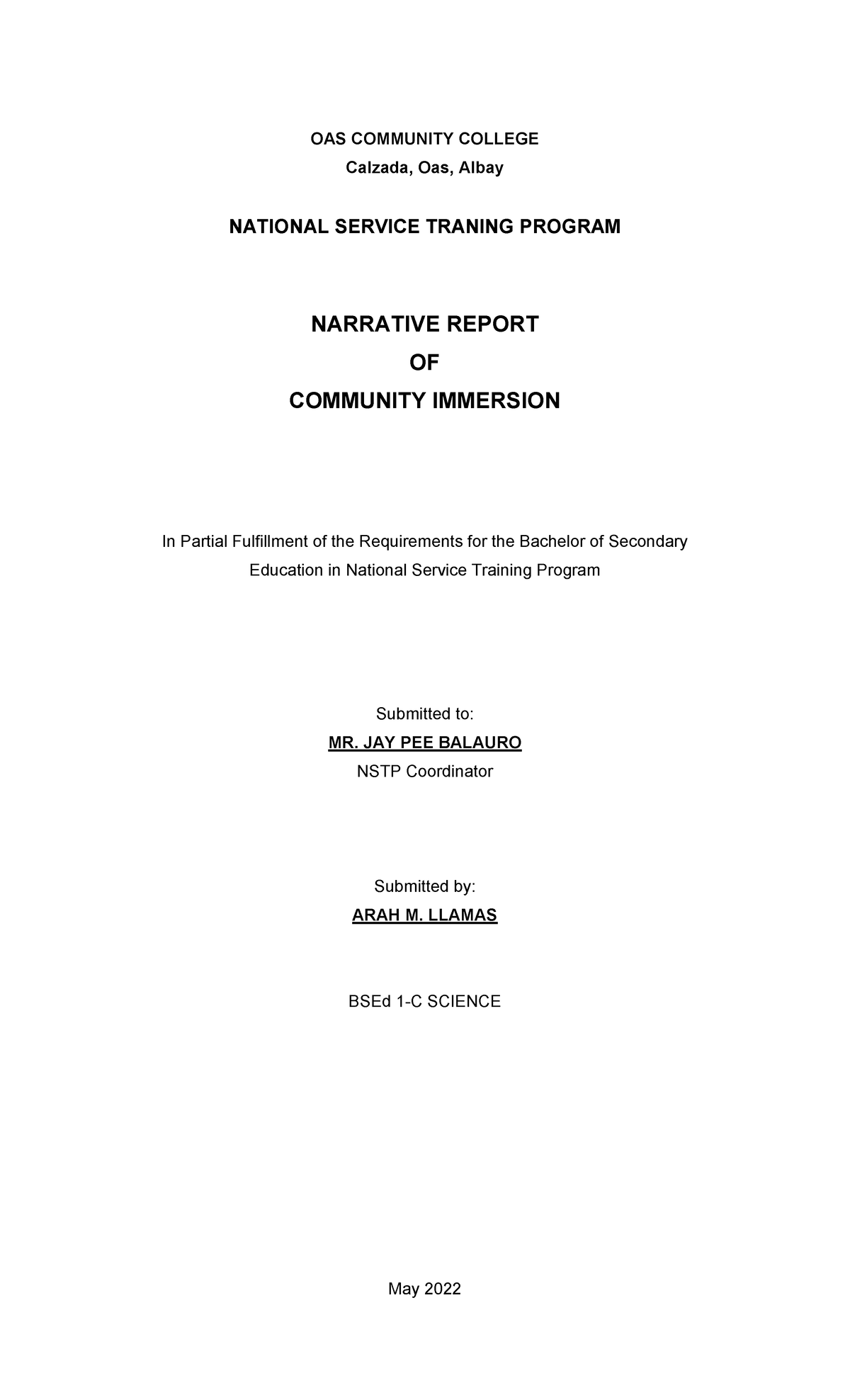 Narrative Report of immersion - OAS COMMUNITY COLLEGE Calzada, Oas ...