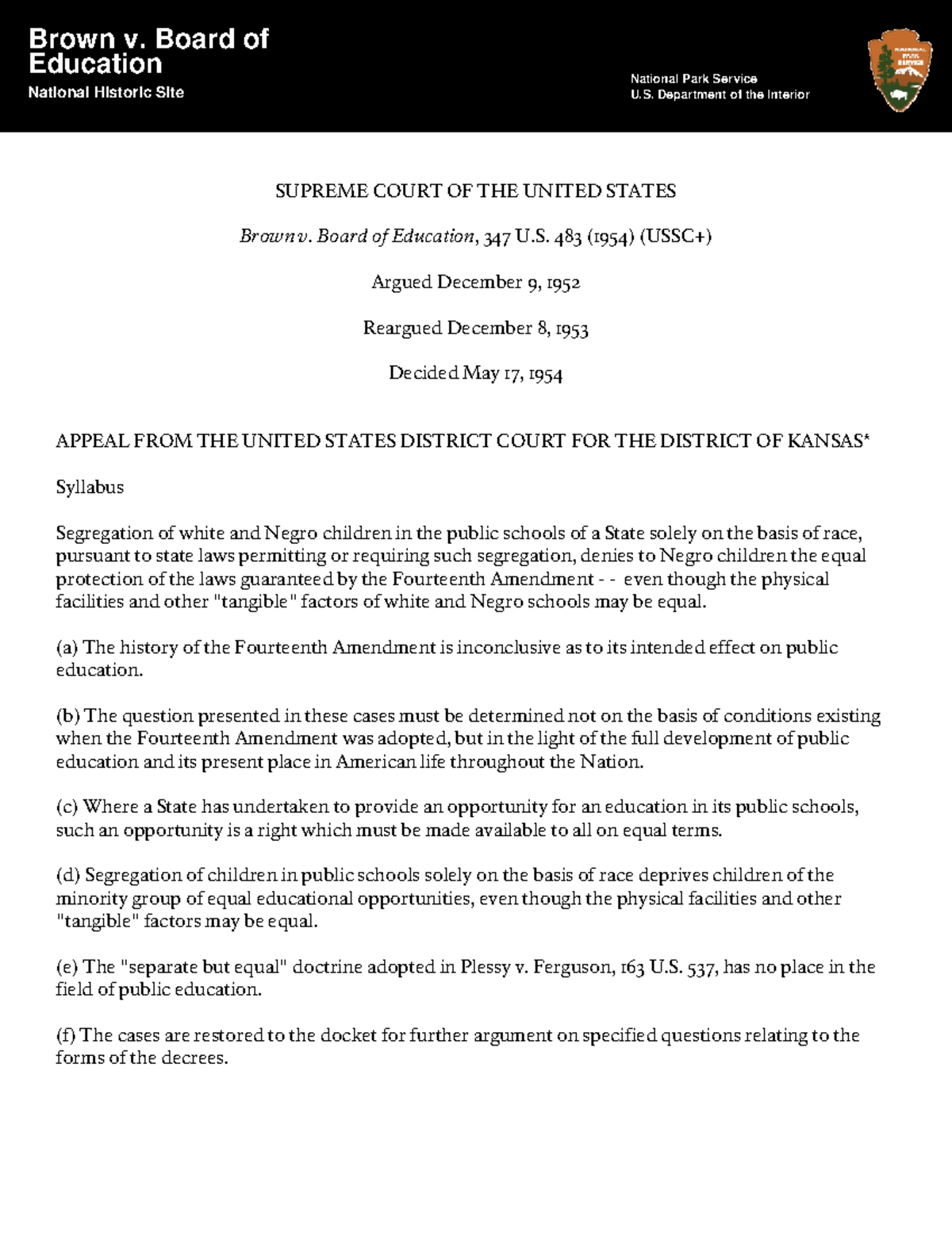 HIS 144 Brown vs Board of Education - SUPREME COURT OF THE UNITED ...