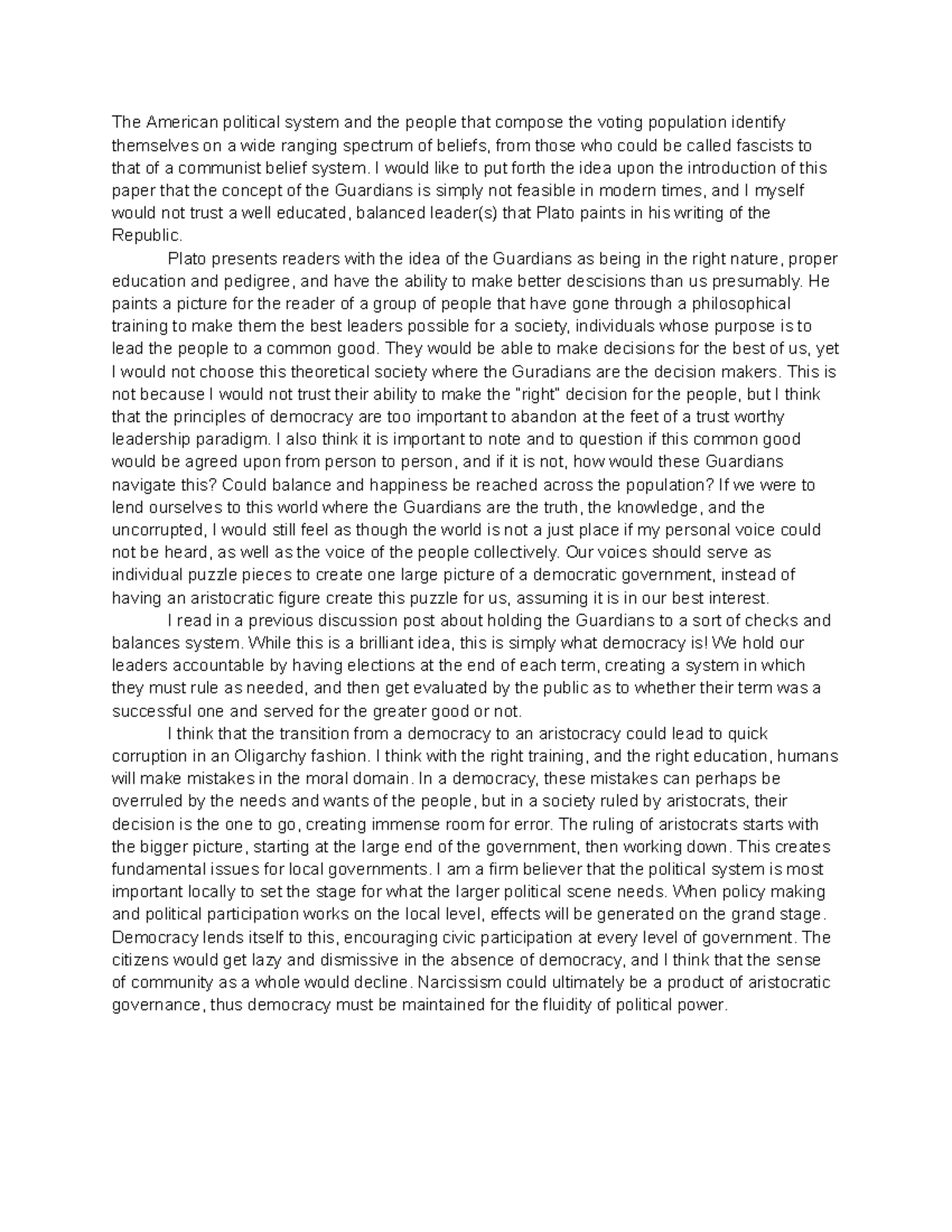 Plato reflection - The American political system and the people that ...