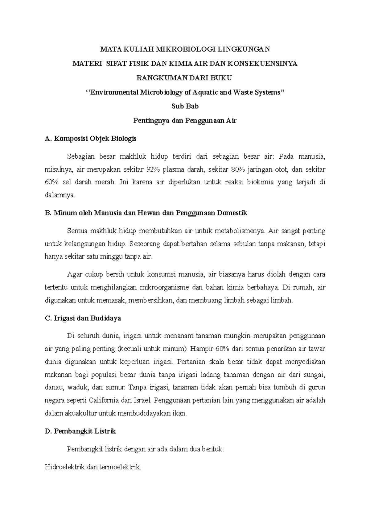 Mikrobiologi Lingkungan - Pentingnya dan Kegunaan Air bagian I - MATA ...