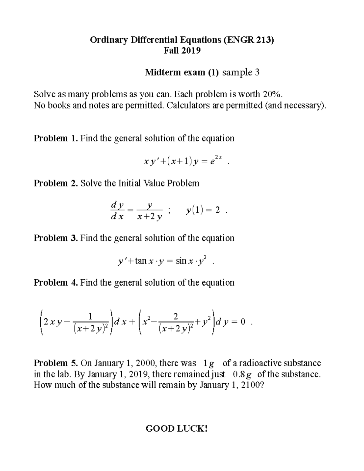 Midterm 1 Sample 3 - A. Shni - Ordinary Differential Equations (ENGR 213) Fall 2019 Midterm exam ...