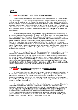 Unit 9 Assignment 2 - BTEC Business coursework - Effective Business Teams P3: Discuss the roles ...