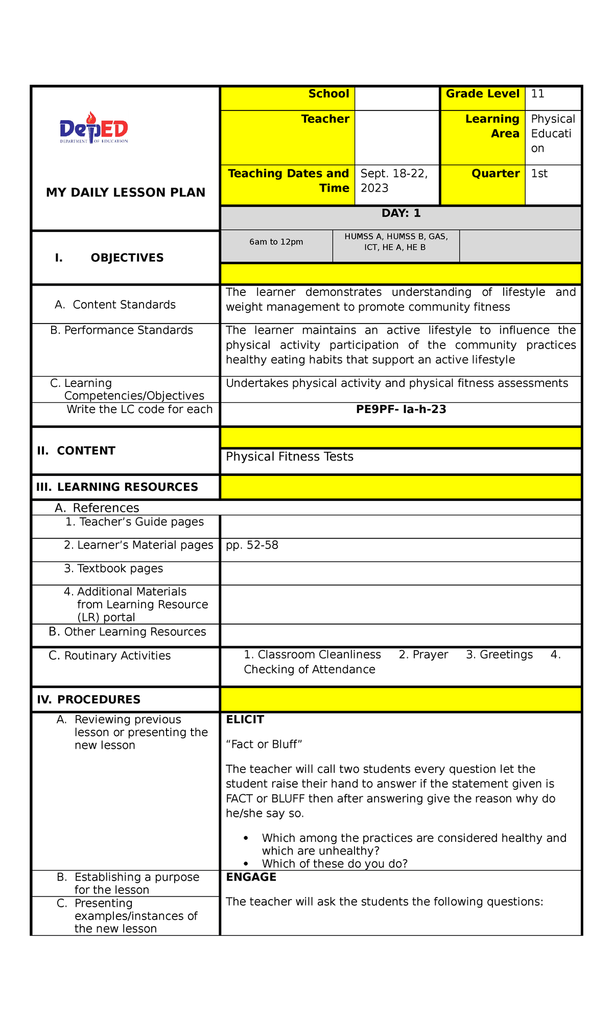 DLP- Physical- Fitness - MY DAILY LESSON PLAN School Grade Level 11 ...
