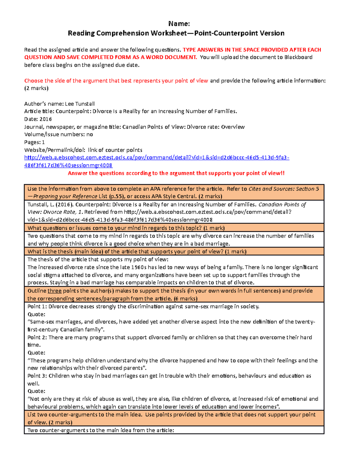 Comprehensive Assignment Practice - Name: Reading Comprehension ...