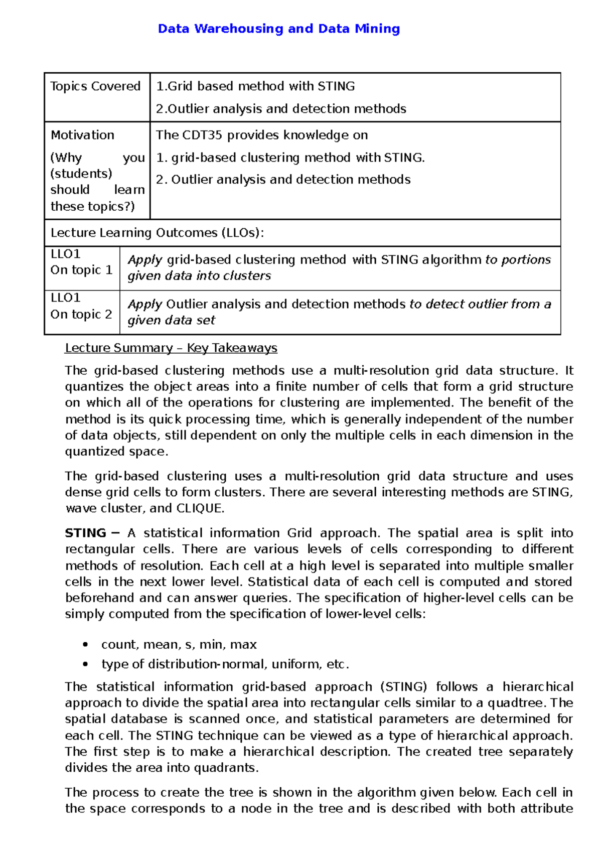 Grid Based Method With Sting Topics Covered 1 Based Method With Sting 2 Analysis And Detection