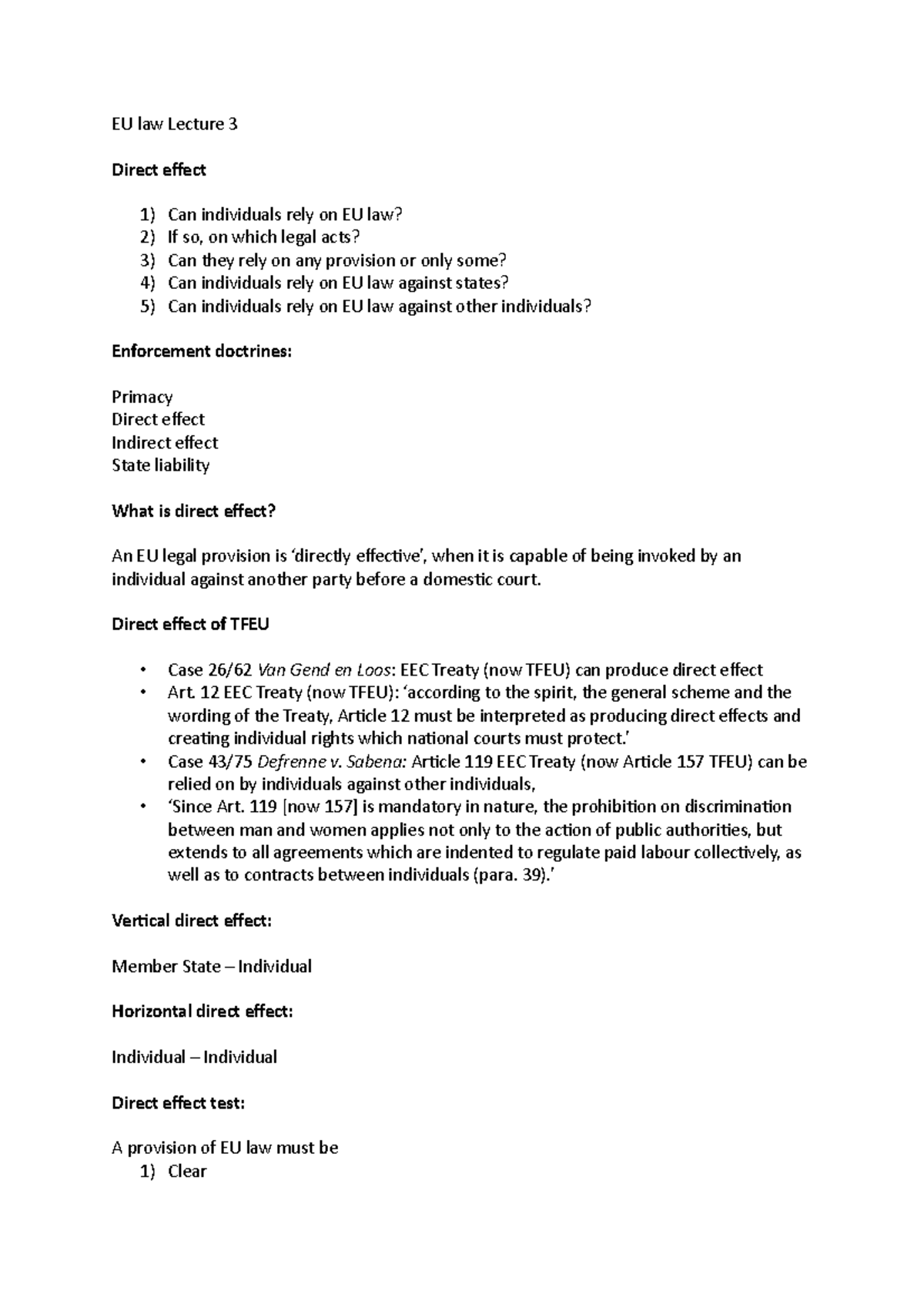 Eu Law Direct Effect Indirect Effect And State Liability Eu Law Lecture 3 Direct Effect Can
