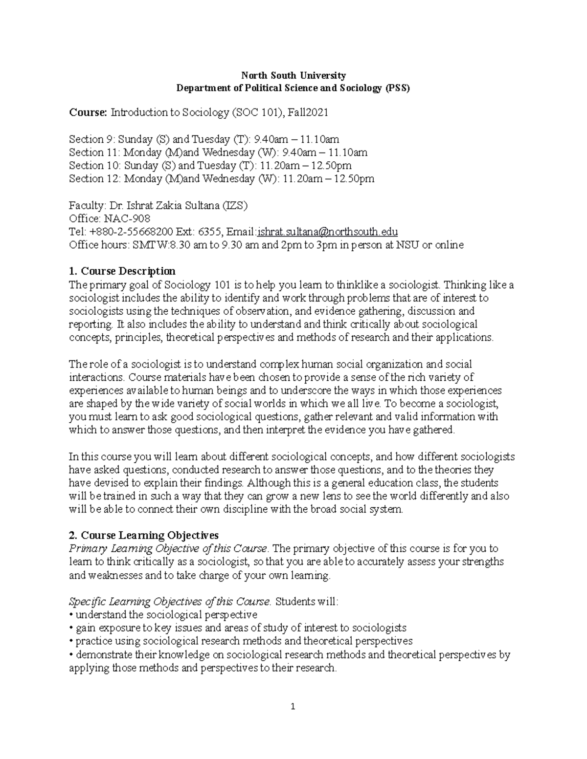 SOC101 course outline Fall Oct 2021 IZS - Introduction to Sociology ...