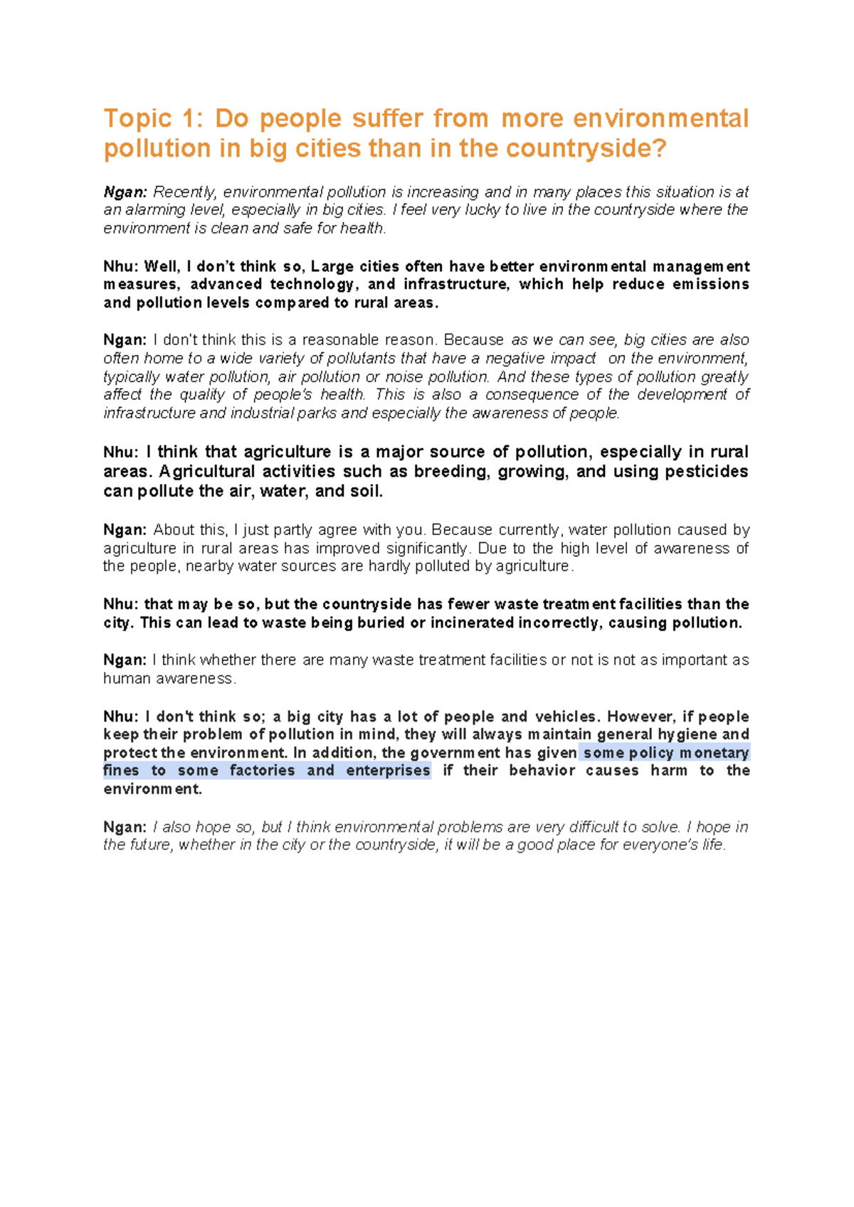 Speaking - Topic 1: Do people suffer from more environmental pollution ...