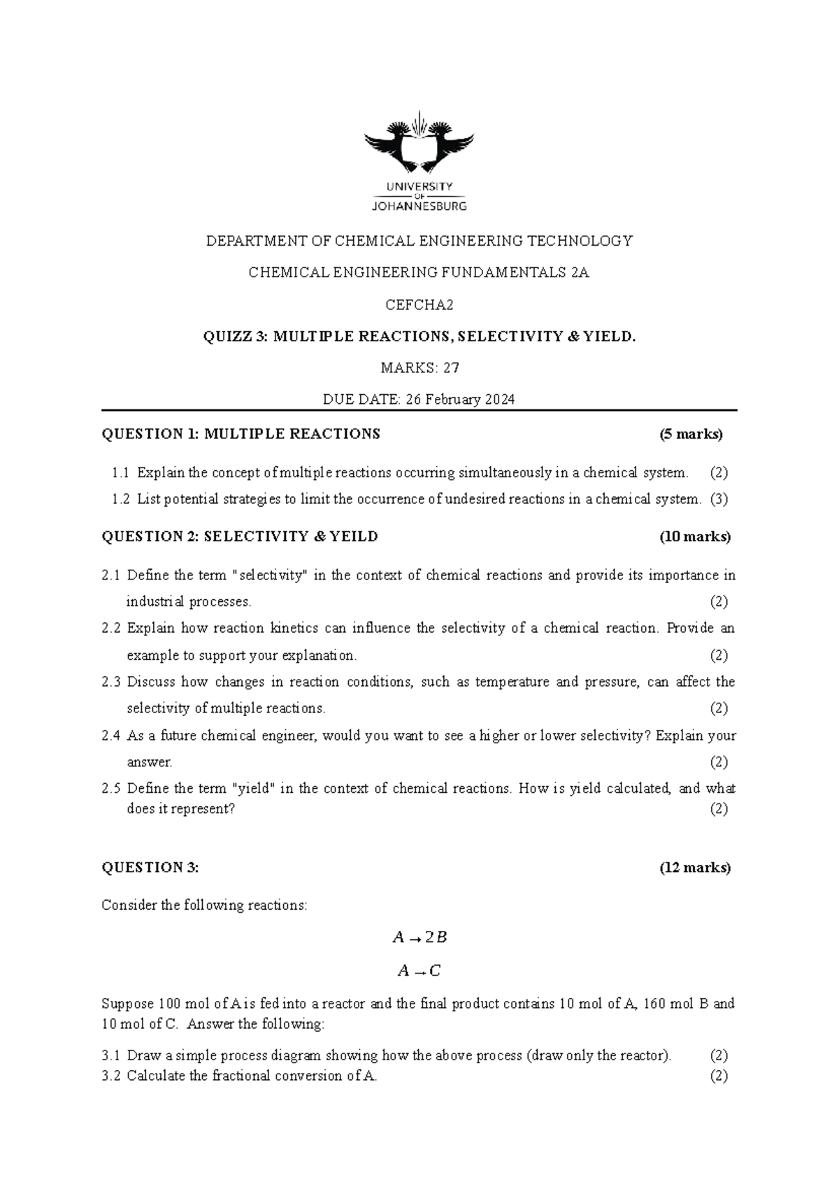 Quizz 3 - Multiple Reactions, Yield Selectivity - DEPARTMENT OF ...
