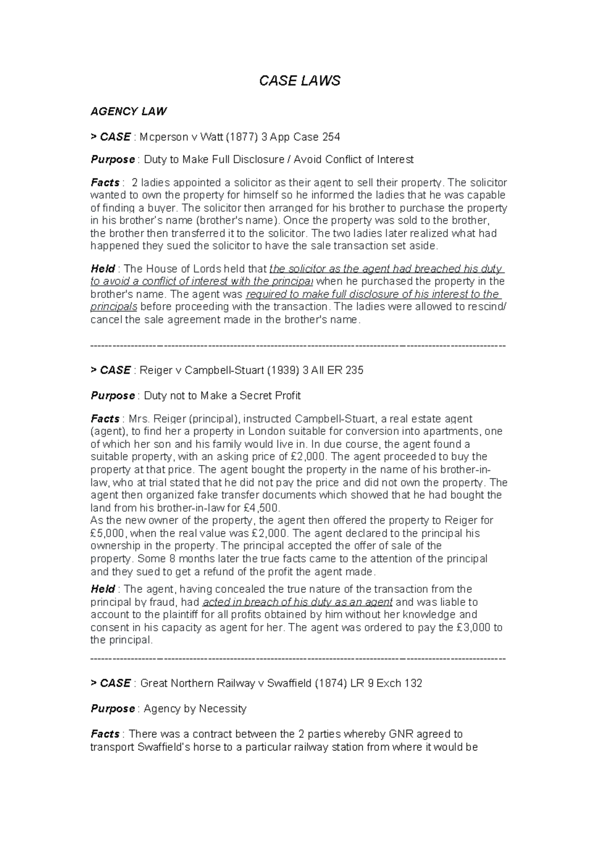 Case Laws - Case laws used in contract laws. - CASE LAWS AGENCY LAW ...