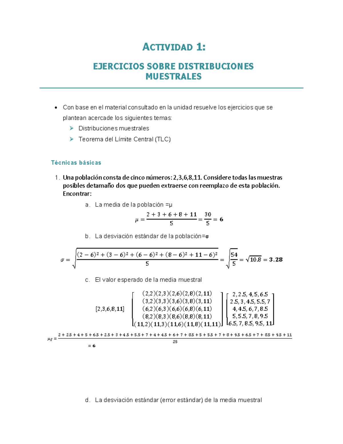 Actyividad 1 distribuciones muestrales - ACTIVIDAD 1: EJERCICIOS SOBRE DISTRIBUCIONES MUESTRALES ...