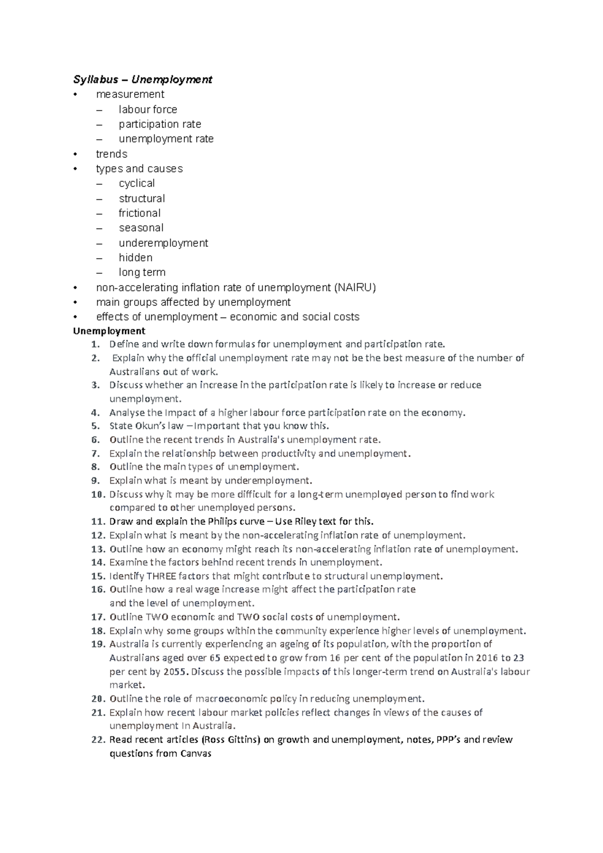 2B- Unemployment Worksheet - Syllabus – Unemployment measurement labour ...