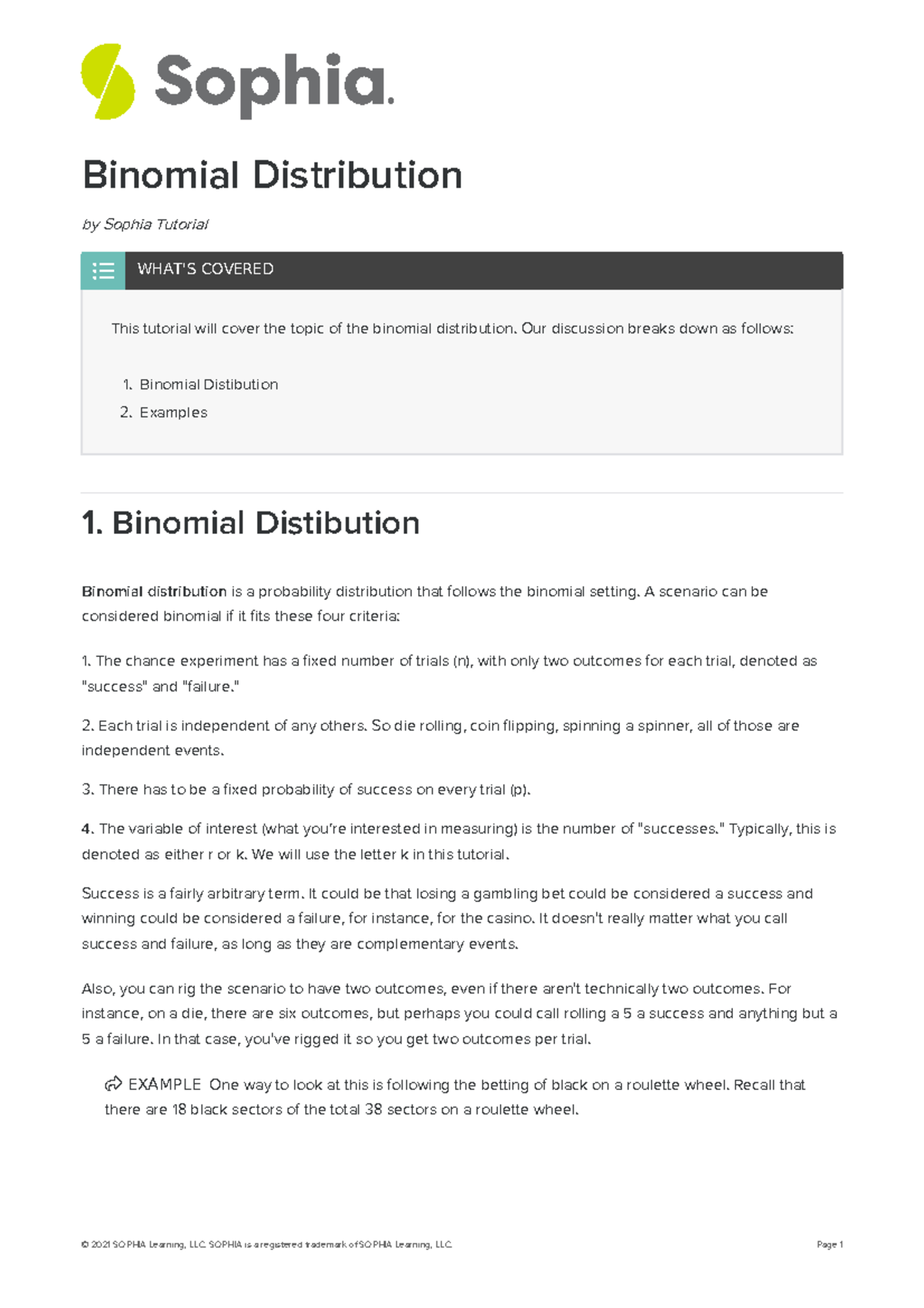Binomial distribution paper - Binomial Distribution by Sophia Tutorial This tutorial will cover ...