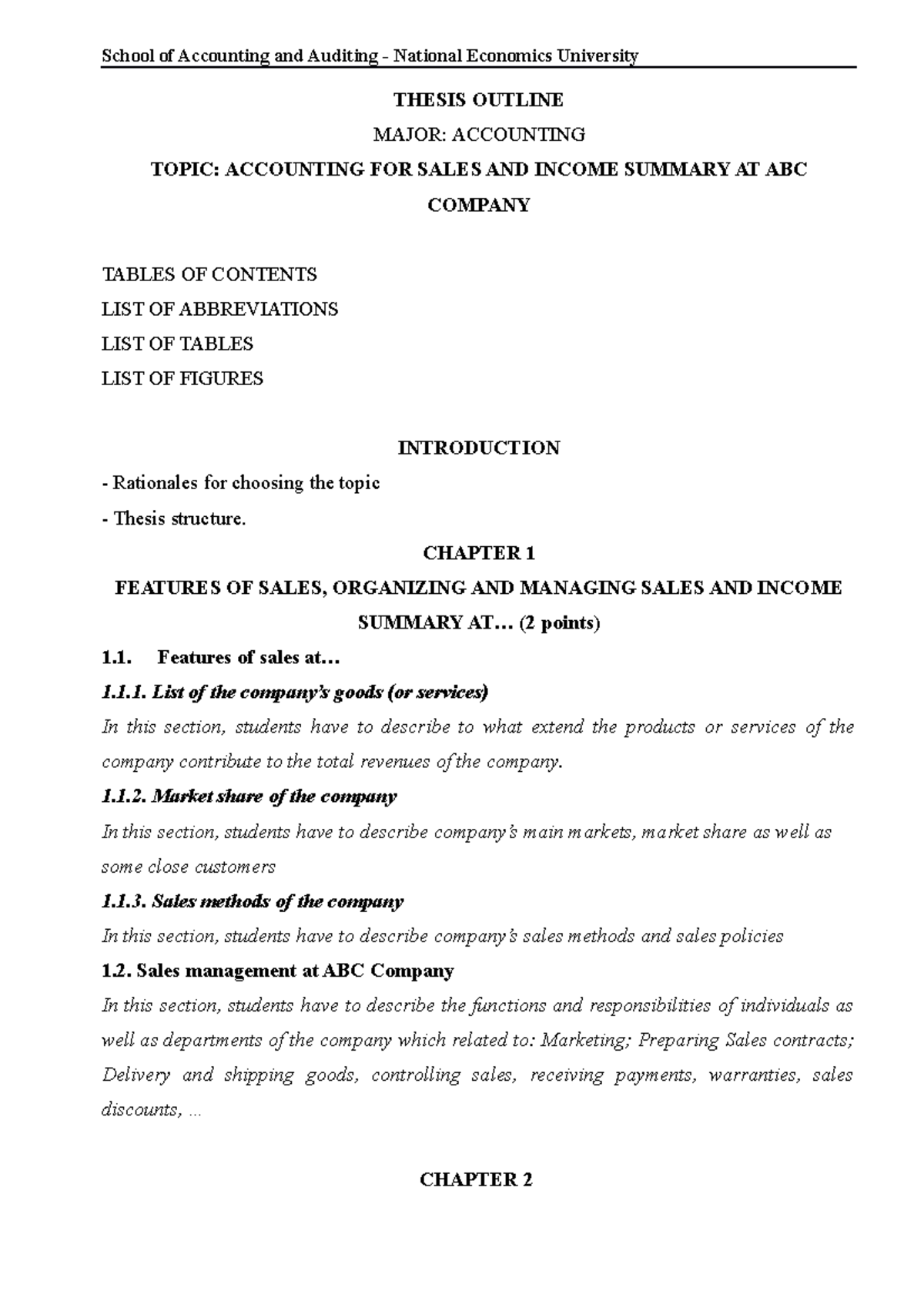 10 Thesis Outline Sales and Income Sumary - THESIS OUTLINE MAJOR ...