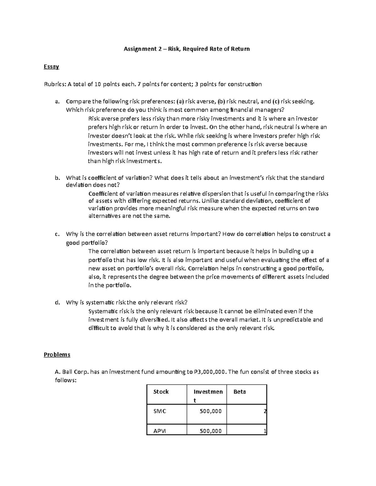 Labayne Assignment 2 - finmar - Assignment 2 – Risk, Required Rate of ...